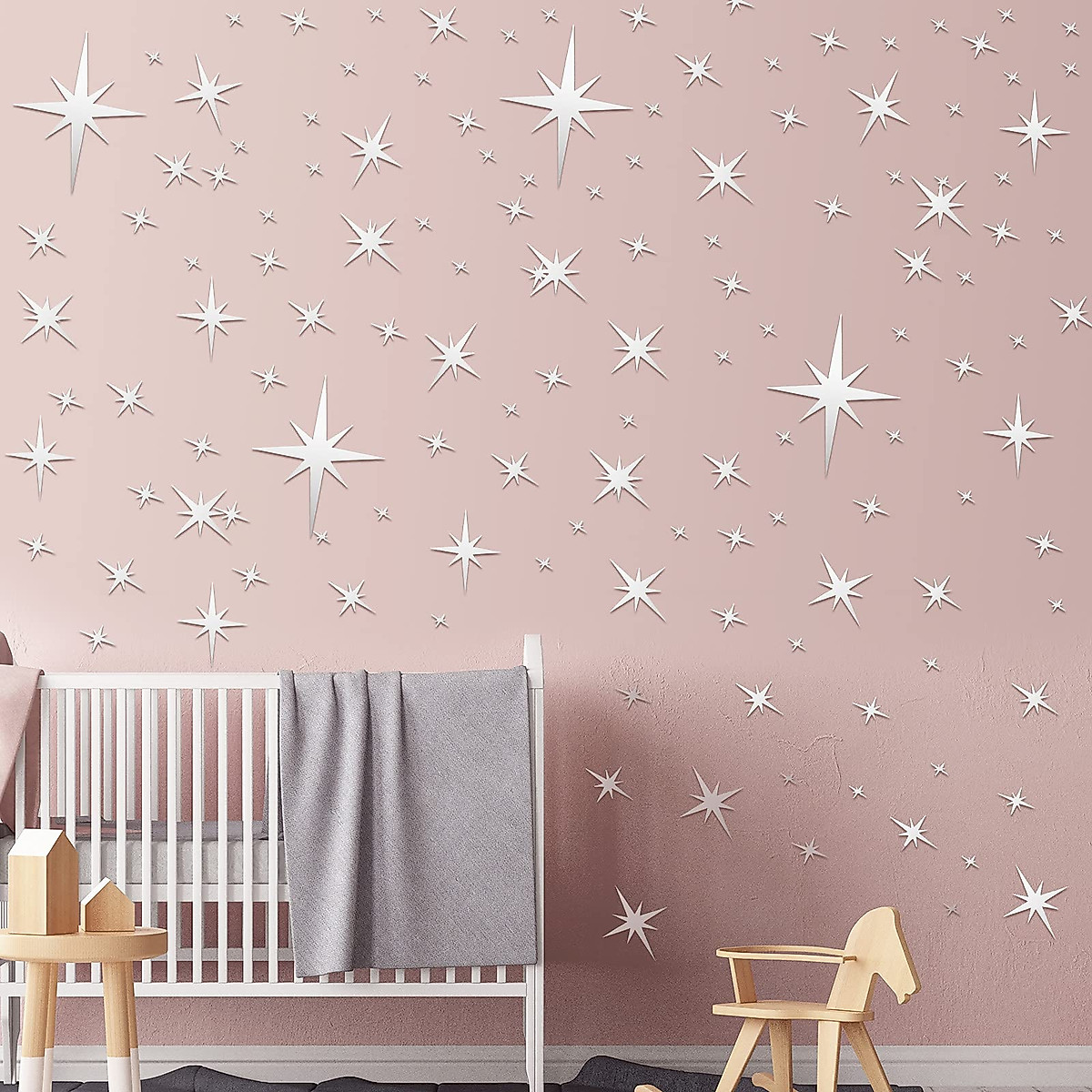 Zonon 82 Pieces Mirror Wall Stickers Removable Star Wall Decals 3D Acrylic Mirror Setting Wall Sticker Christmas Star Decorative Decal for Home Wall Living Room Bedroom Decor(Silver)