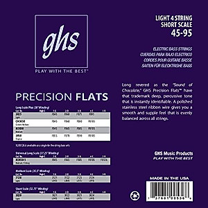 GHS Strings 3020 Short Scale 4-String Bass Precision Flats, Stainless Steel Flatwound, 32.75" Winding, Light (.045-.095)