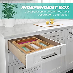 ZZ LIFE 6-in-1 Kitchen Drawer Organizer - Foil and Plastic Wrap Dispenser with Cutter, Ziplock Bag Storage for Gallon, Quart, Sandwich, and Snack Sizes - Organized Bamboo Storage For Home and Kitchen