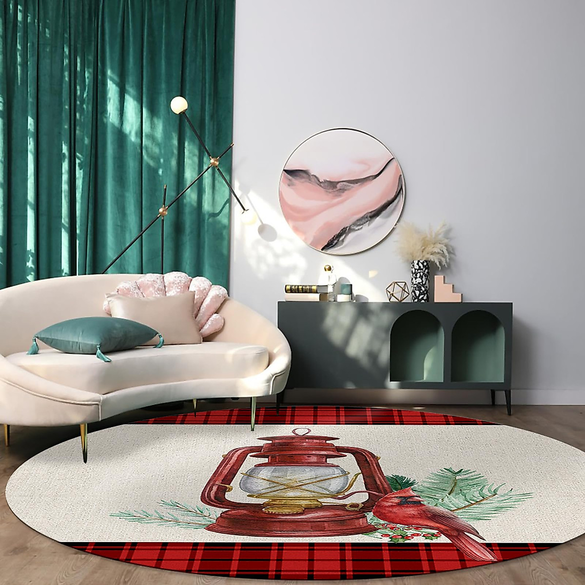 Christmas Bird Area Rug Carpet for Kids Teen Girls Boys Bedroom, Living Room, Washable Outdoor Indoor Accent Throw Runner Floor Mat Area+Rug Retro Red Buffalo Plaid Lattice 3.3FT(Round)