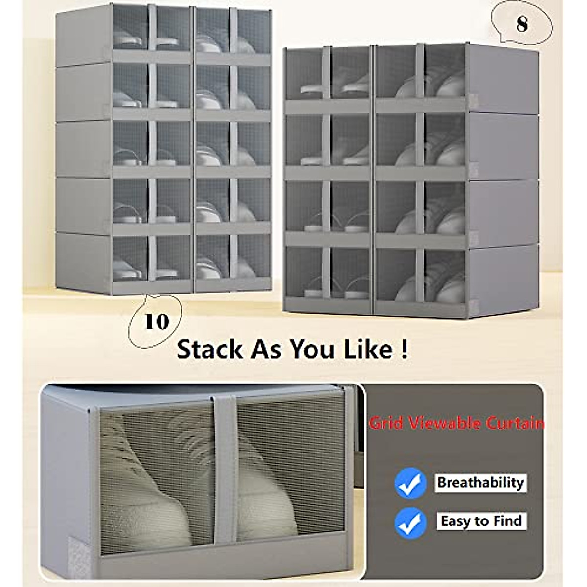 Yagizaai Bayou Fabric Shoe Box, 4 PCS Collapsible Stackable Breathable shoe storage organizer boxes with Clear Window and Handle, Upgraded Shoe Bin & Holder for Up to Size 10