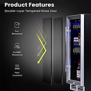 ORALNER 15“ Beverage Refrigerator Cooler Under Counter-100 Cans Mini Fridge Built-in/Freestanding Drink Fridge for Soda Beer, Lockable Glass Door Adjustable Shelves, Blue LED Light for Kitchen Bar