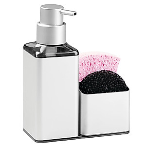 mDesign Modern Aluminum Kitchen Sink Countertop Liquid Hand Soap Dispenser Pump Bottle Caddy with Storage Compartments - Holds and Stores Sponges, Scrubbers and Brushes - Silver Finish