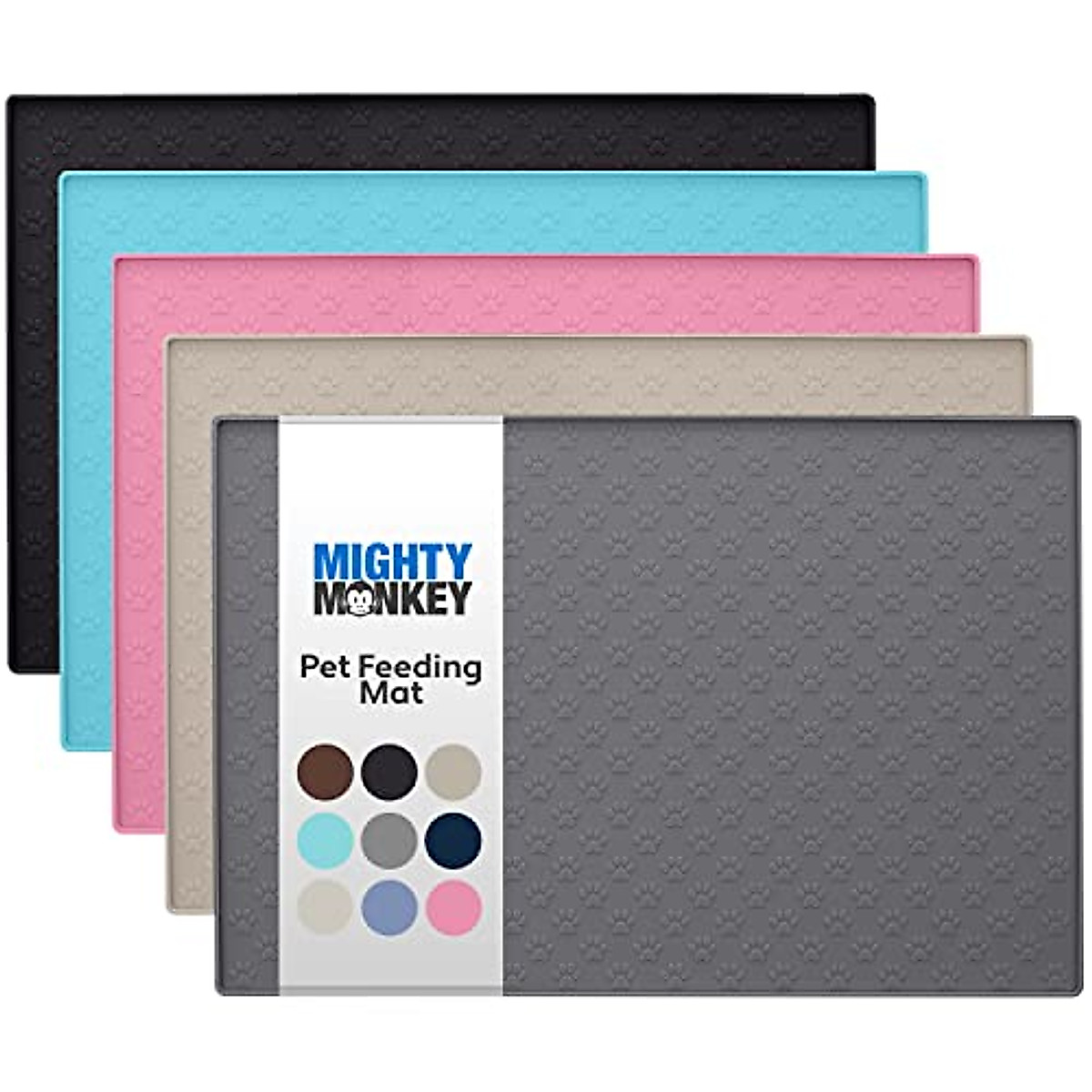 MIGHTY MONKEY Silicone Pet Feeding Mat, Waterproof Placemat for Dog and Cat Bowls, Raised Edges, Prevent Water Spills and Food Messes on Floor, Paw Print Tray Mats, Dishwasher Safe, 18x12, Gray