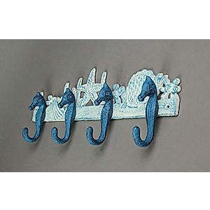 Blue and White Cast Iron Seahorses Decorative Wall Hook Nautical Sea Life Hanging Towel or Coat Rack Beach Home Coastal Accent Decor