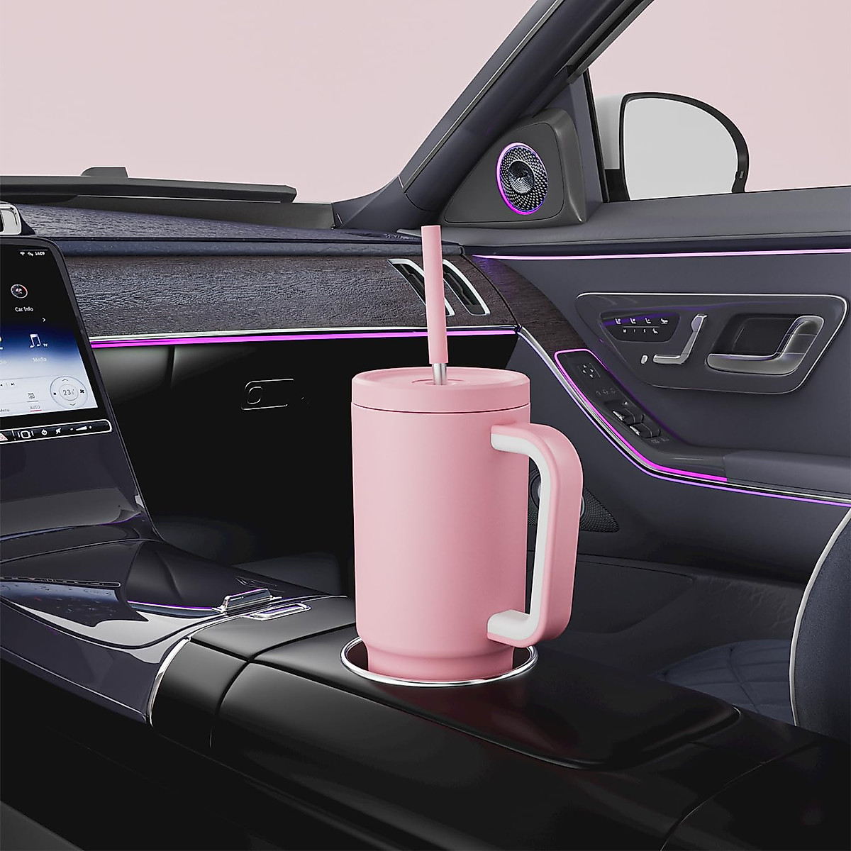 Meoky 24 oz Tumbler with Handle and Straw, 100% Leak-proof Tumbler with Lid and Straw, Insulated Stainless Steel Travel Coffee Mug, Keeps Cold for 24 Hours (Blush)