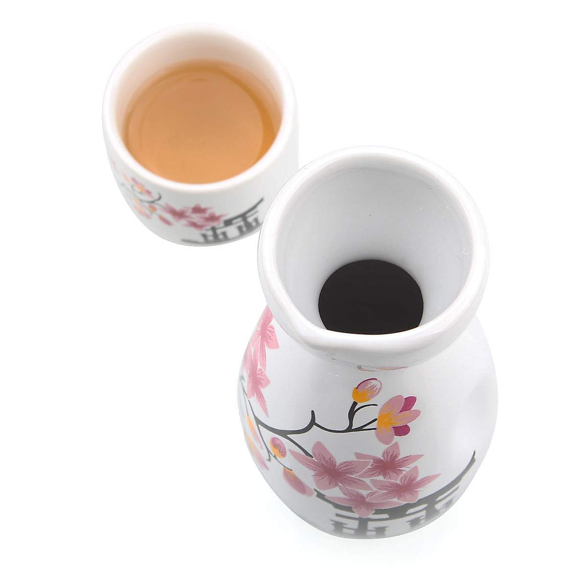 ABuff Japanese Sake Set, 1 Tokkuri Bottle & 4 Ochoko Cups, Spring Blossoms Ceramic Sake Set- Microwave and Dishwasher Safe