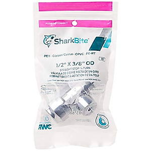 SharkBite 1/2 x 3/8 Inch Compression Straight Stop Valve, Quarter Turn, Push to Connect Brass Plumbing Fitting, PEX Pipe, Copper, CPVC, PE-RT, HDPE, 23037-0000LF