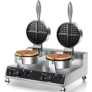 Commercial Waffle Maker PYY Double Waffle Maker Large Stainless Steel Waffle Maker Silver Non-stick Electric Chaffle Maker for Restaurant Party Food Stall