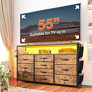 EnHomee Dresser TV Stand with 10 Drawers for 55" TV Stand for Bedroom with LED Lights & Power Outlets Wide Dresser for Bedroom with Shelves & Side Pockets Sturdy Metal Frame & Wood Top, Rustic Brown