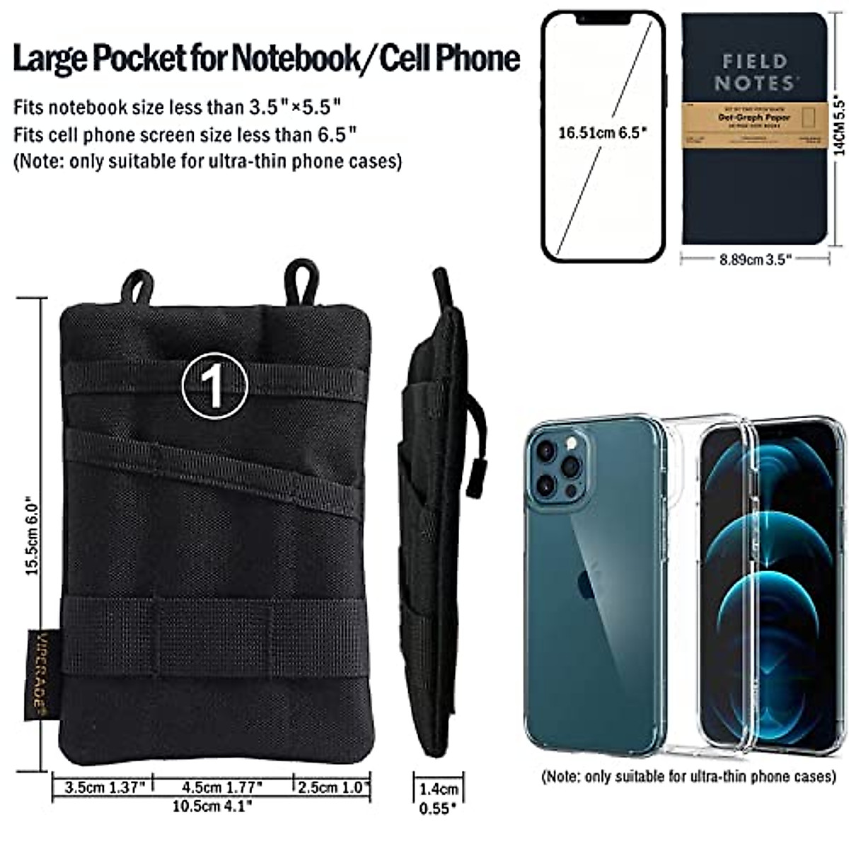 VIPERADE VE1 Pocket Organizer Tool for Men, Storage EDC Gears, Best Gift to Keep Organized, Hold Your Flashlight/ Knife, Tactical Pen, Notebook (Black)