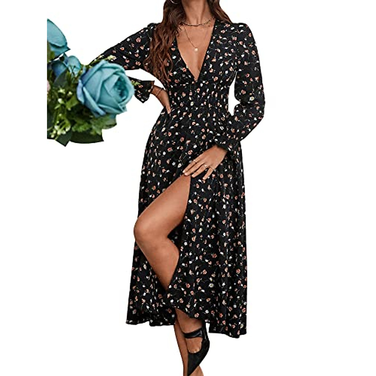 SweatyRocks Women's Deep V Neck Long Sleeve Floral Dress Boho Split A Line Long Dresses Black XL