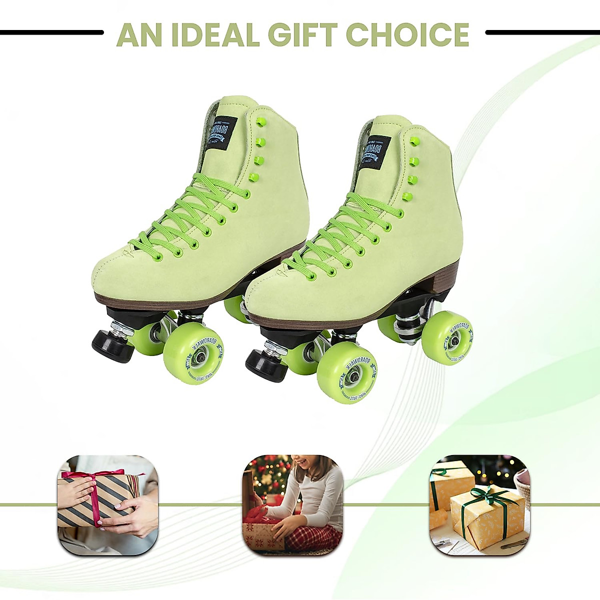 Sure-Grip Boardwalk Unisex Outdoor Roller Skates Material of Leather, Rubber, Suede & Aluminum Trucks | Comfortable, Extra Long Laces - Suitable for Beginners (Key Lime, Mens 7 / Womens 8)