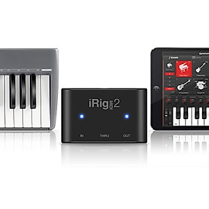 IK Multimedia iRig MIDI 2 universal MIDI interface with In, Out, and THRU ports, activity indicators for iPhone, iPad, Android, Mac, PC