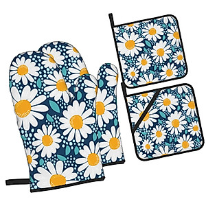Oven Mitts and Pot Holders Sets of 4 High Heat Resistant Daisy Flowers Oven Mitts with Oven Gloves and Hot Pads Potholders for Kitchen Baking Cooking BBQ Non-Slip Cooking Mitts