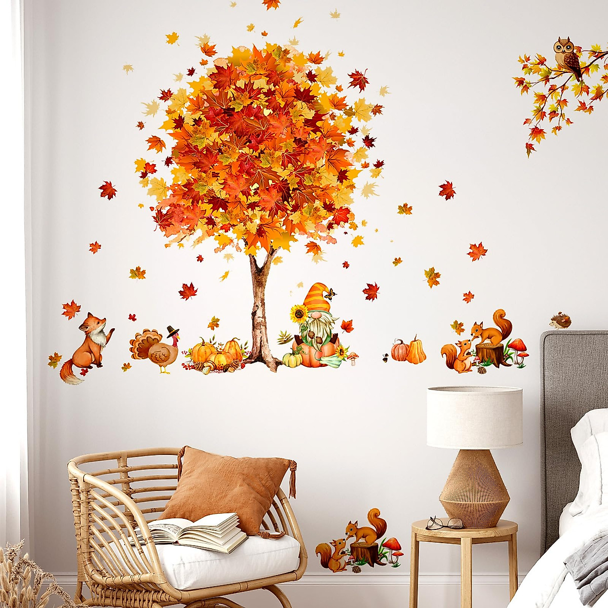 Cholemy 3 Sheets Thanksgiving Wall Stickers Thanksgiving Wall Decals Harvest Pumpkin Maple Leaf Tree Wall Decoration Fall Window Sticker Removable Farmhouse Wallpaper for Living Room Bedroom