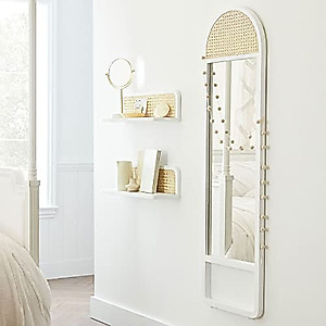 TEPLEDGE White Floating Shelves - Set of 2, Rattan Wall Mounted Hanging Shelves, Decorative Storage Shelves for Bathroom, Kitchen, Living Room & Bedroom