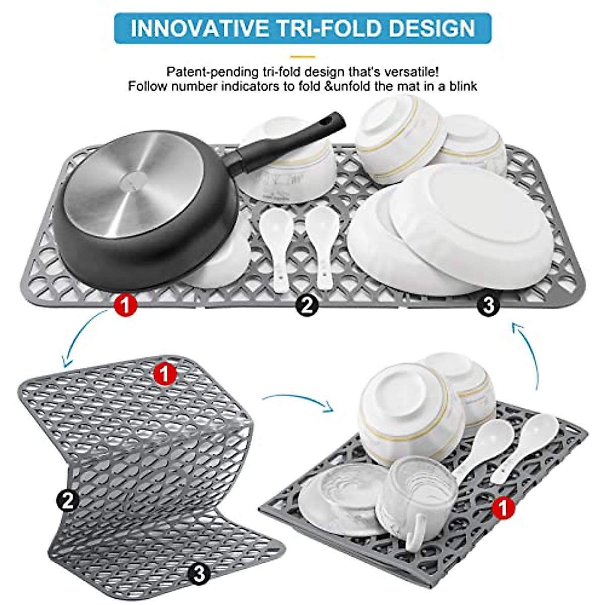 Sink Protectors for Kitchen Sink, Kitchen Sink Mats Grid Accessory 26''×13.7'', Non-slip Silicone Sink Mats,Grey Kitchen Sink Mat with Center Drain for Farmhouse Stainless Steel Ceramic Sink