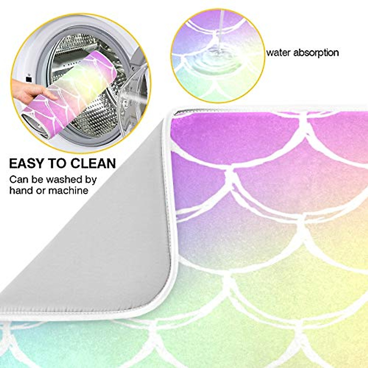 Sea Mermaid Scales Dish Drying Mat 24"x18" Absorbent Machine Washable Hanging Fast Dry Pad Dish Protective Mat for Kitchen Countertop Heat Resistant Dinner Table Mat
