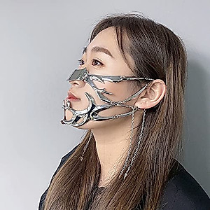 WDLYAN Cyberpunk Masquerade Mask for Women Men,Women Party Prom Metal Mask,-Gothic Liquid Irregular Mechanical Alien Fluid Face Accessories Earring (Mask Set)