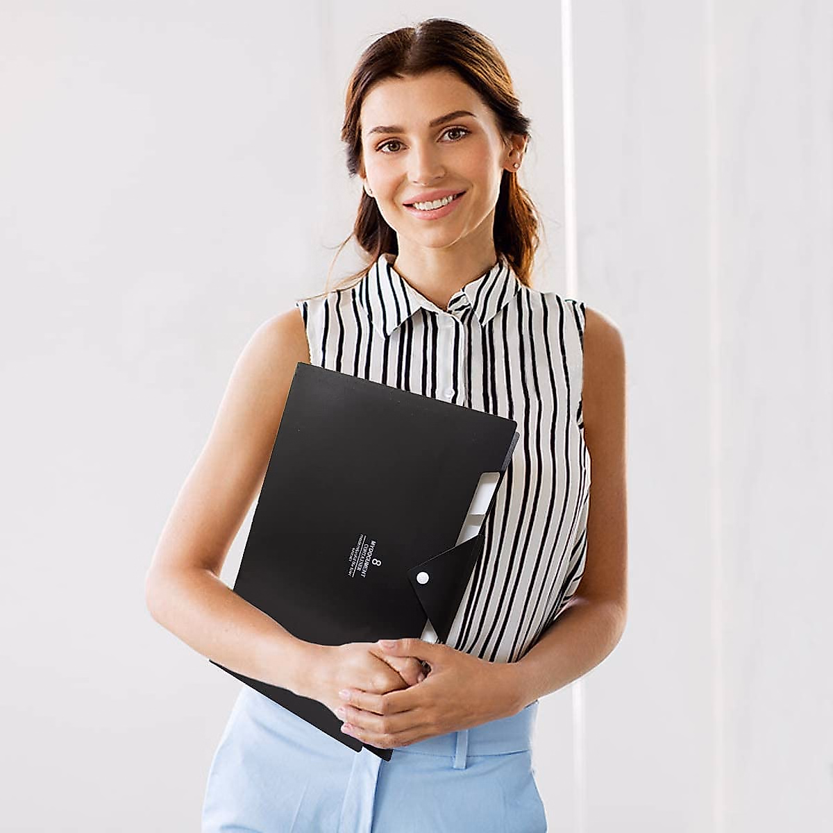 8 Pockets Letter A4 Paper Plastic Expandable Files Folder Snap Closure Accordion Document Organizer for School Office Home (Black)