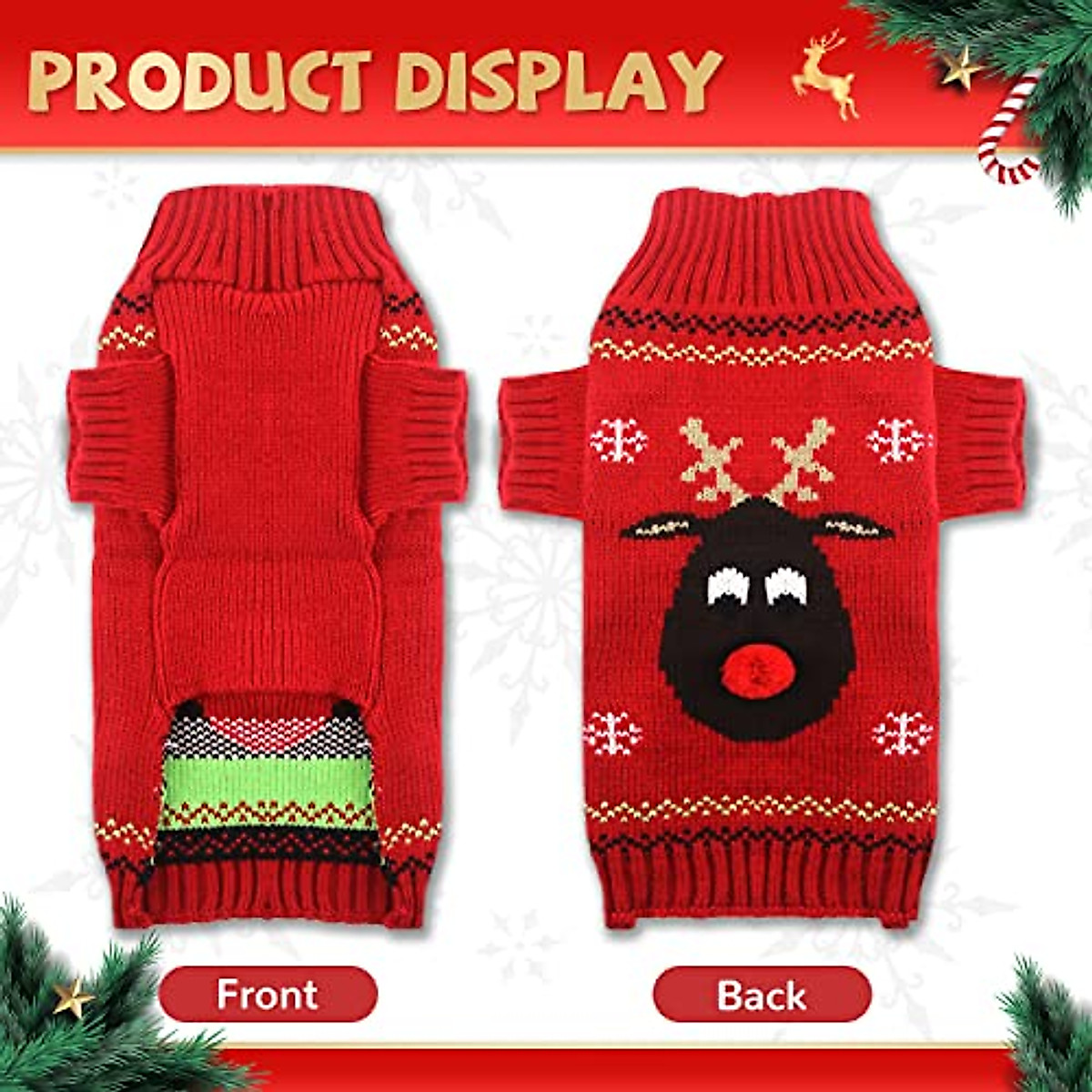 HRTTSY Christmas Dog Sweater Funny Ugly Xmas Cute Reindeer Puppy Turtleneck Sweaters Holiday Costume Fall Winter Warm Pullover Outfits Pet Clothes for Small Medium Large Dogs Cats(Red Reindeer,M)