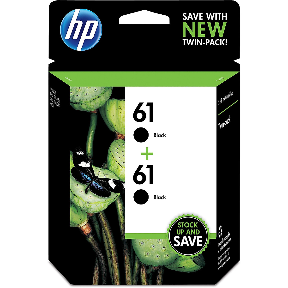 HP 61 | 2 Ink Cartridges | Black | Works with HP DeskJet 1000 1500 2050 2500 3000 3500 Series, HP ENVY 4500 5500 Series, HP OfficeJet 2600 4600 Series | CZ073FN