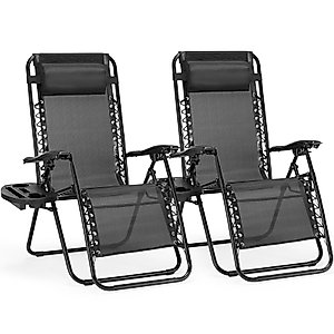 Sweetcrispy Zero Gravity Chairs, Set of 2 Portable Recliner Beach Camping Patio Outdoor Folding Lounge Chair with Cup Holder Trays and Adjustable Pillow for Poolside, Garden, Backyard, Lawn (Black)