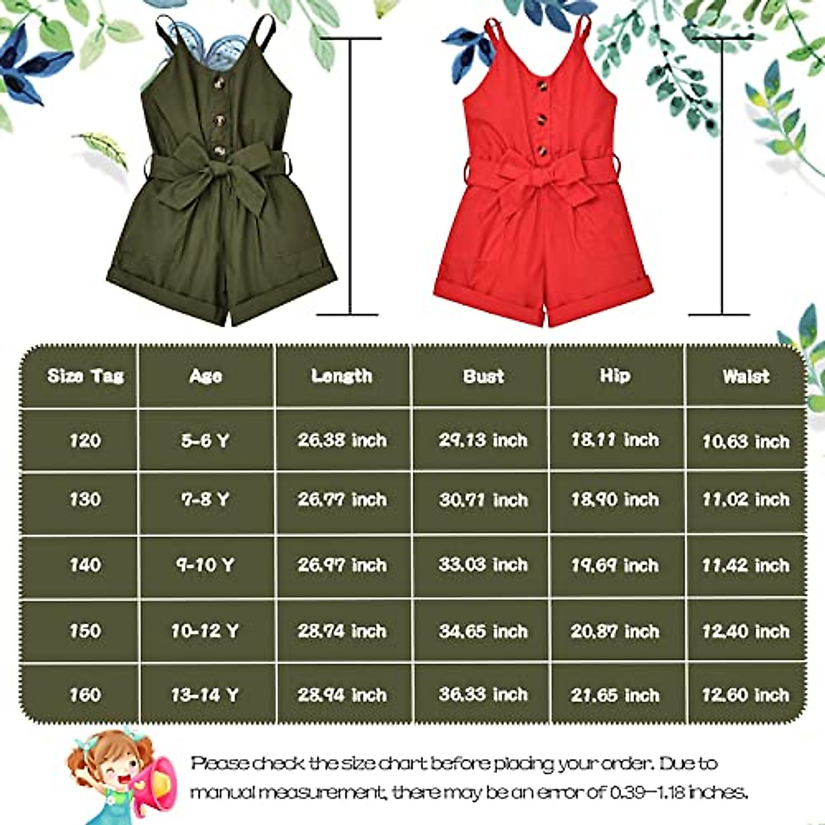 ODIMAME Girl Clothes Size 7-8 Girl Romper Summer Short Jumpsuit V-neck Adjustable Spaghetti Straps Side Pockets Outfits Green 7-8 Years Old