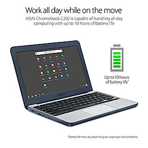 ASUS Chromebook-Laptop- 11.6" Ruggedized and Spill Resistant Design-with 180 Degree-Hinge, Intel N3060 Celeron 4GB DDR3, 32GB eMMC, Chrome OS- C202SA-YS04 Dark Blue