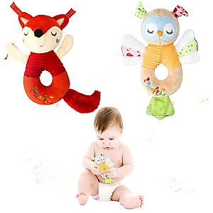 Funsland Baby Rattles Toys Soft Plush Hand Rattles Hand Grip Toys Stuffed Animal Rattles Shaker for 3 6 9 12 Months Infants Newborn 2 Pack