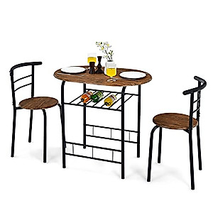 Giantex 3 Piece Dining Set Compact 2 Chairs and Table Set with Metal Frame and Shelf Storage Bistro Pub Breakfast Space Saving for Apartment and Kitchen (Black & Brown)