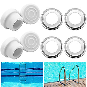 4 Pool Ladder Bumpers for Inground Pool & 4 Stainless Steel Pool Ladder Escutcheon Plates, Rubber Pool Ladder Inside Plug Bumper Caps & Pool Ladder Rings Fits 1.90” Pool Ladder Tubing (B)