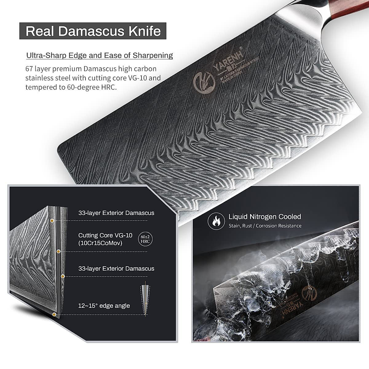 YARENH Chinese Cleaver Knife, 7 inch Professional Kitchen Knife, Damascus Steel Blade, 67 Layers, African Sandalwood Handle, Suitable for Cutting Vegetables and Meat, Gift Box Packaging