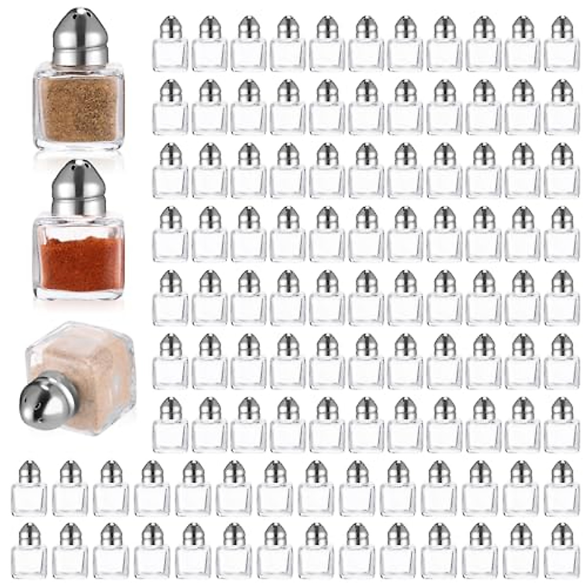 Maxcheck 150 Pcs Salt Pepper Shakers 0.5 oz Glass Spices Shaker with Sliver Tone Tops Clear Baking Soda Shaker Glass Spice Bottle for Wedding Party Restaurant Kitchen Travel Home (Cube)