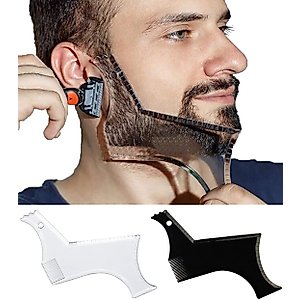 Beard Shaper & Styling Tool with inbuilt Comb, Hair Trimmer Guide, Mens Beard Template Tool (2 Pack, Black & Clear)
