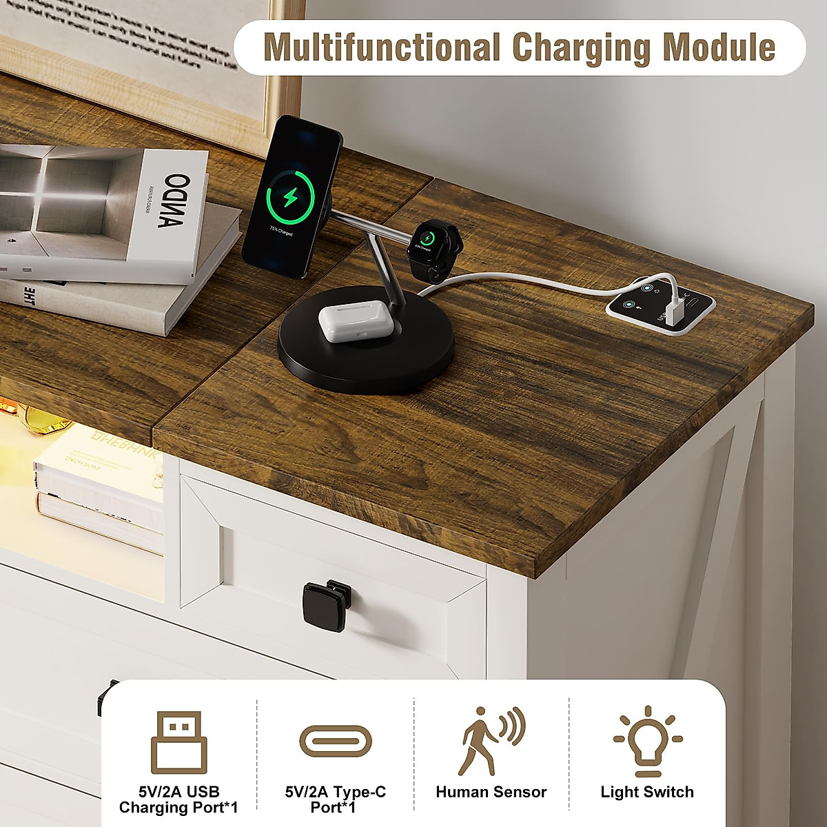 MIIFUNY Dresser with Mirror for Bedroom, 8 Drawer Dresser with Charging Station, Farmhouse Chest of Drawers for Bedroom, Hallway, Kids Room