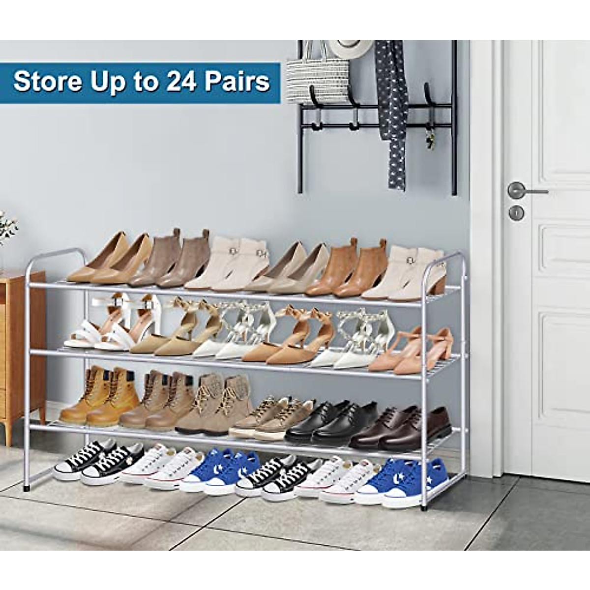 KIMBORA Metal Long Shoe Rack for Closet, 3 Tier Wide Shoe Organizer for Entryway, 24 Pairs Stackable Shoe Storage Shelf for Bedroom Floor with Wire Grid (Grey)