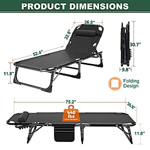 LILYPELLE Folding Outside Chaise Lounge Chair with Mattress, 5 Position Adjustable Patio Folding Lounge Chair Reclining Chairs Perfect for Sunbathing, Camping, Pool, Beach, Patio