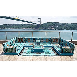 Light Blue Floor Seating Set, Corner Floor Sofa Set, Arabic Majlis, U Shaped Arabic Sofa Set, Sectional Sofas, Floor Cushions, Arabic Jalsa (U Sofa Full Set)