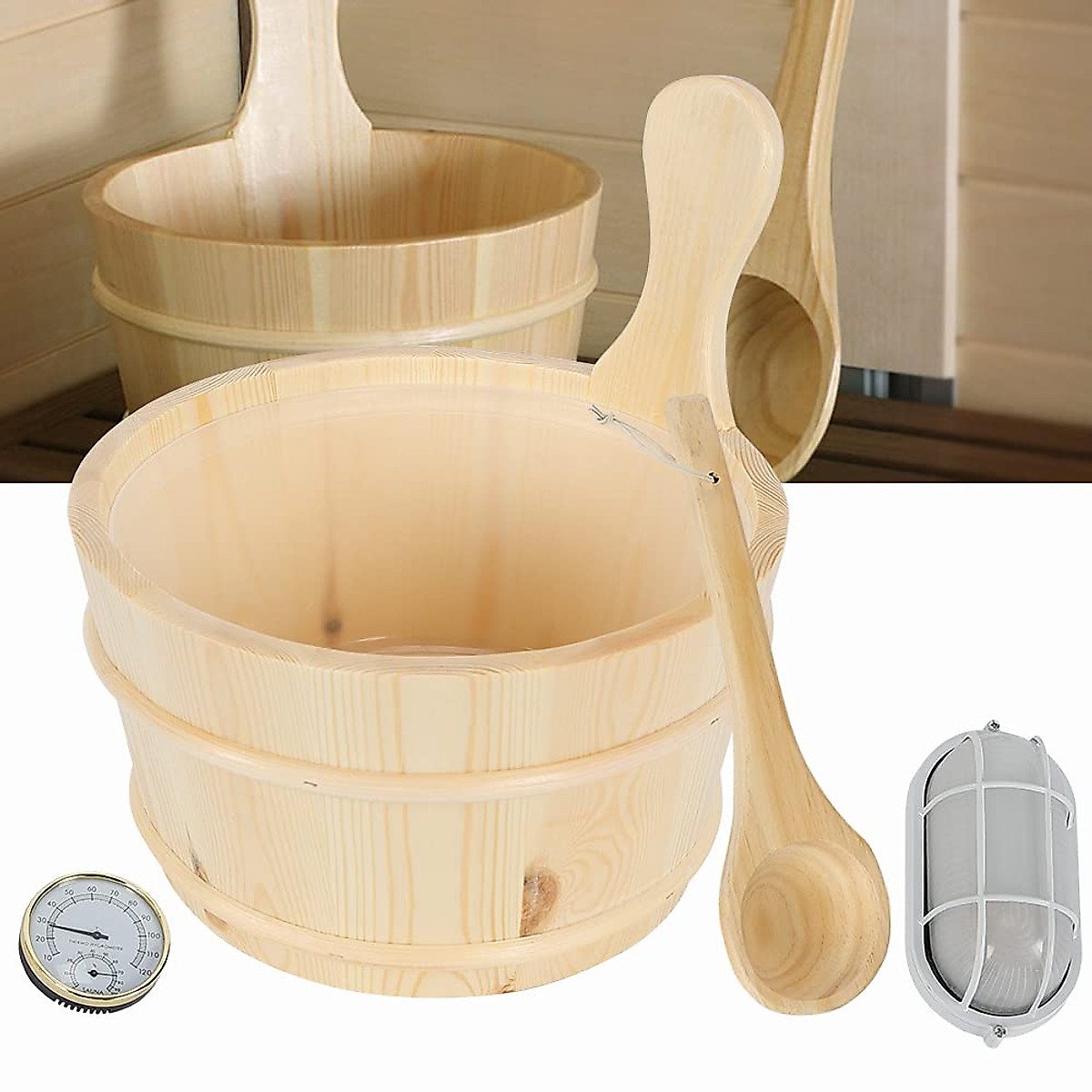 Wooden Sauna Bucket with Ladle Sauna Accessories with Hourglass Thermometer Explosion-Proof Lamp Plastic Liner 5Pcs Sauna Starter Set for Sauna Spa
