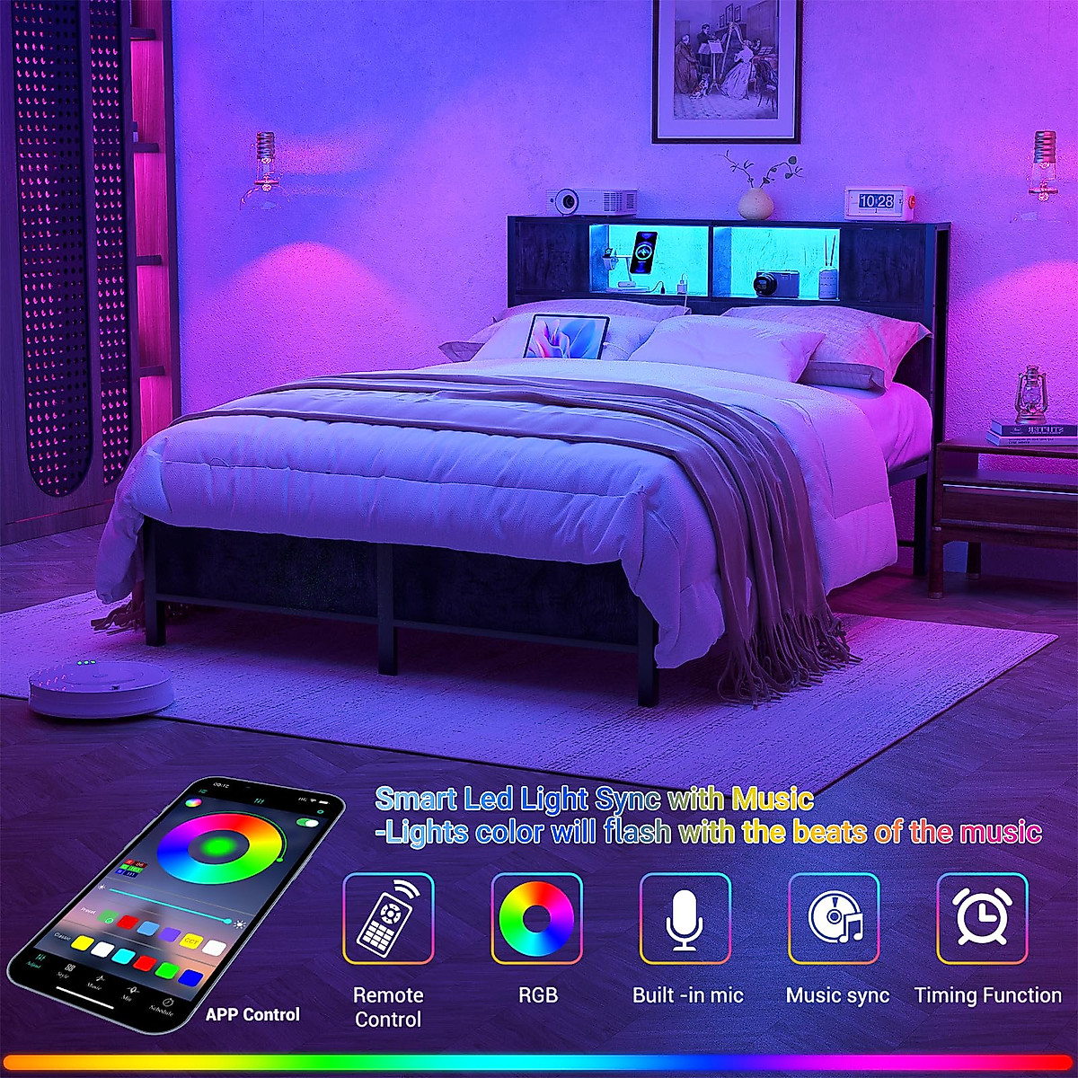 Homieasy Full Size Bed Frame with Storage Headboard and Charging Station, Industrial Platform Metal Bed with LED Lights, Steel Slat Support, No Box Spring Needed, Noise-Free, Easy Assembly, Grey Oak