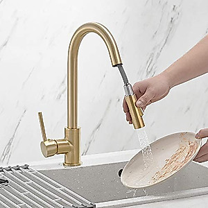 BESy Gold Single Handle Kitchen Sink Faucet with Pull Out Sprayer,Rv Kitchen Faucet with Pull Down Sprayer, 2 Function Laundry Faucet, Brass/Brushed Gold(1 or 3 Hole Mount)