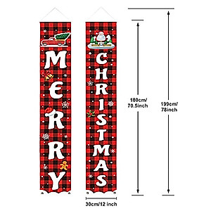 Trooer Christmas Porch Sign, Merry Christmas Banner for Outside Indoor Outdoor Christmas Decorations New Year Black Red Buffalo Plaid Hanging Banners Sign for Holiday Party Supplies Home Welcome