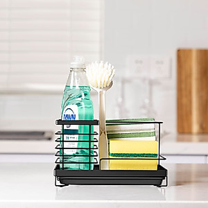 Oyydecor Sink Caddy, Sponge Holder for Kitchen Sink Organizer, 304 Stainless Steel Rustproof Countertop Sponge Brush Soap Holder with Drain Pan for Counter (Black)