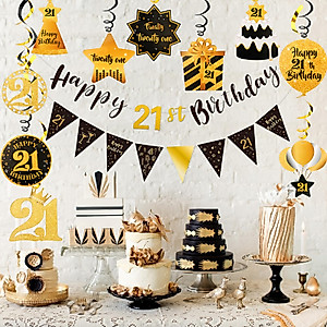 FASOTY 21st Birthday Decorations Black Gold Happy 21st Birthday Decorations For Him Pre-assembled 21st birthday banner Triangle Flag Banner and Glitter 21 Hanging Swirls 21st Birthday Party Decorations Set Birthday Party Decorations Supplies
