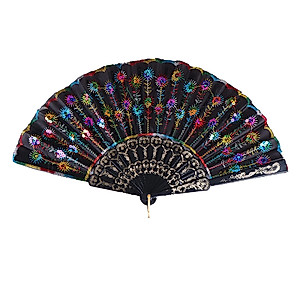 DUO ER Fan Peacock Pattern Folding Hand Held Embroidered Sequin Gift Fan (Color : E, Fan Size : 9.5 inches)