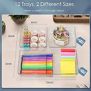 12 Pack Large Clear Plastic Drawer Organizer Set, Acrylic Bathroom Organizer Vanity Trays Dividers, Kitchen Organizers and Storage, Non-Slip Storage Bins for Makeup, Snacks, Office, Desk, Fridge