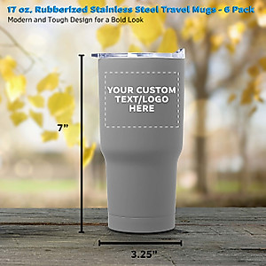 Personalized 17 oz. Rubberized Stainless Steel Travel Mugs - 6 Pack - Custom Text, Logo - Grey