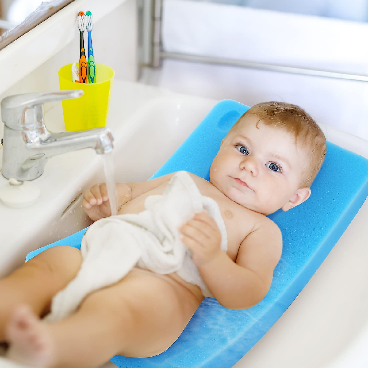 KECUCO Baby Bath Cushion, Baby Bath Sponge for Bathing Infant Bath Mat Newborn Bath Baby Essentials - Excellent Foam Odor Free (Blue)